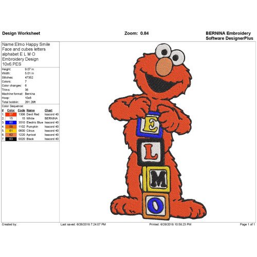 Elmo Happy Smile Face and cubes letters alphabet E L M O Embroidery Design