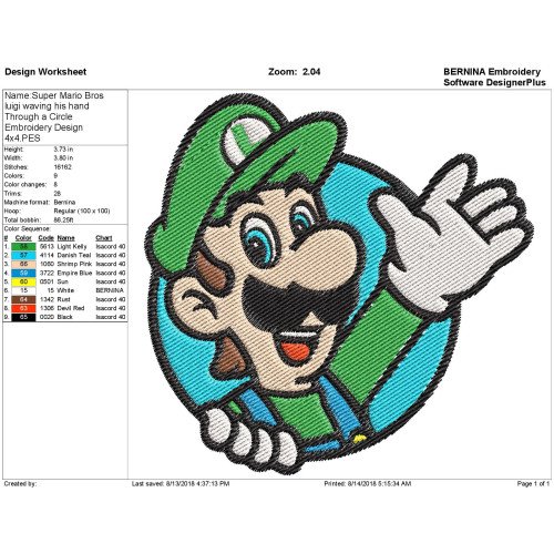 Super Mario Bros luigi waving his hand Through a Circle Embroidery Design